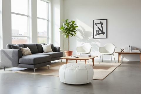 Moroccan Leather Tile Large Ottoman -White | Round Embroidered Pouf By ...