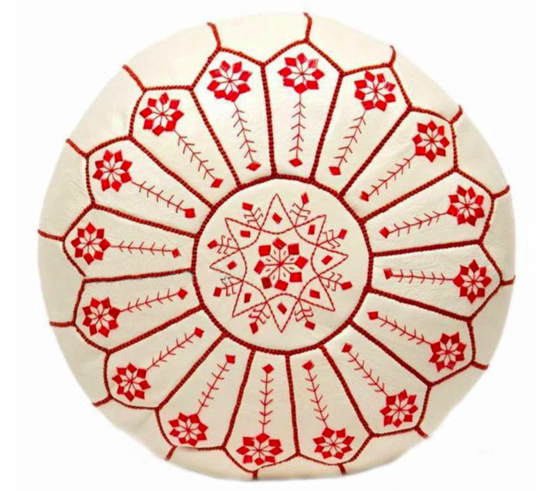Moroccan Leather Ottoman - White & Grey | Round Embroidered Pouf By ...