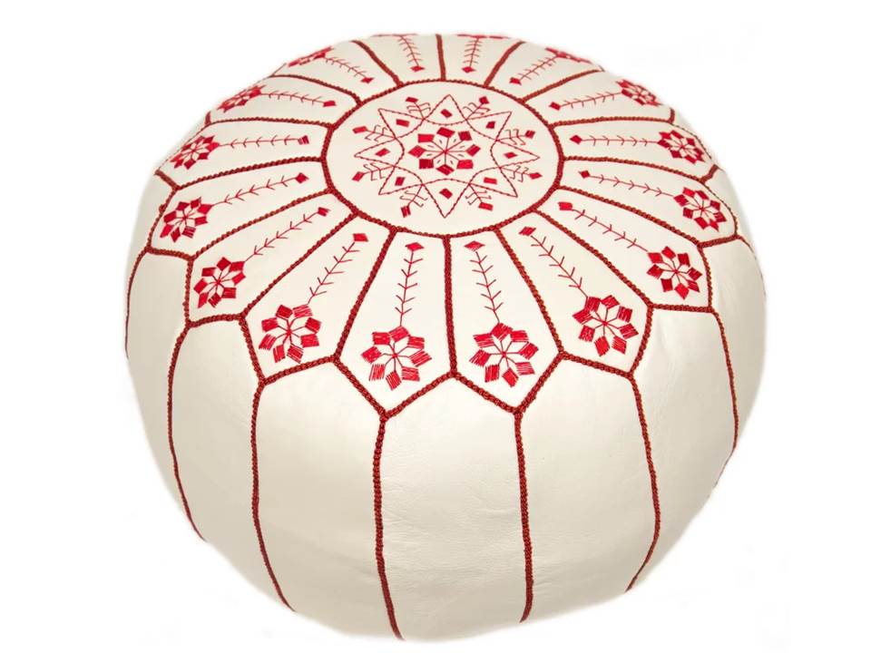 Moroccan Leather Ottoman - White & Grey | Round Embroidered Pouf By ...
