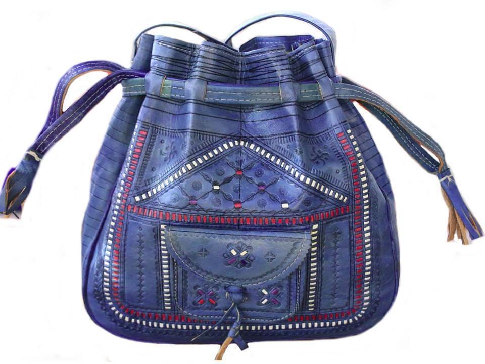 Bohemian Morocco Leather bag - Blue | Leather Bucket Tote By Moroccan ...