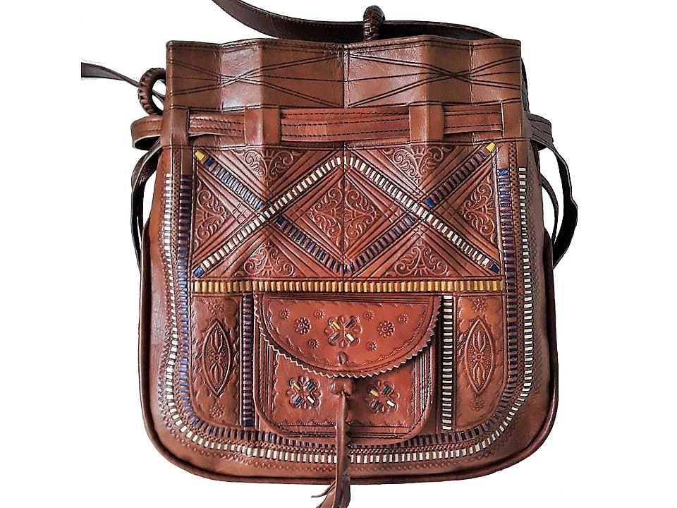 Bohemian Morocco Leather Bag - Embroidered - Caramel | Leather Bucket ...