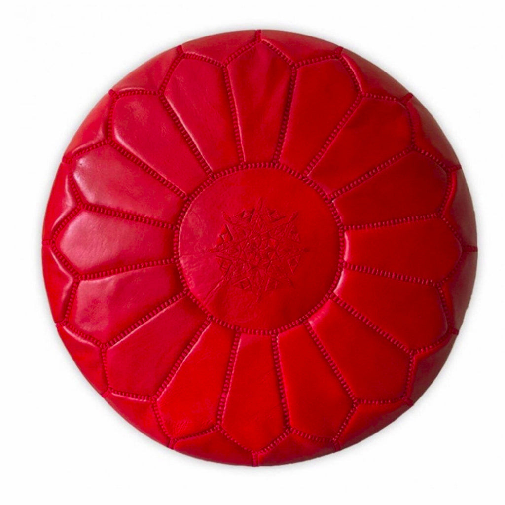 Moroccan Leather Ottoman - Red | Round Embroidered Pouf By Moroccan ...