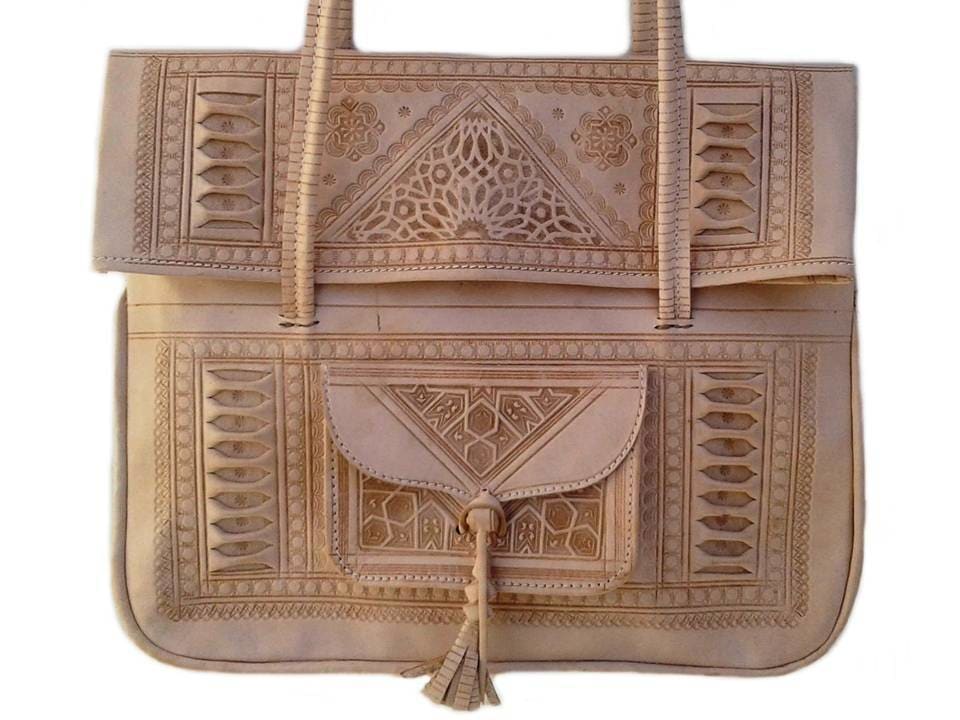 Leather Tote Bag - Chkara - Natural | Folded Bag By Moroccan Corridor®