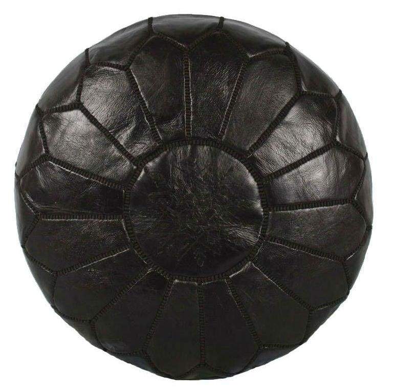 Moroccan Leather Ottoman - Black | Round Embroidered Pouf By Moroccan ...