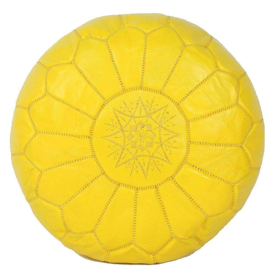 Moroccan Leather Ottoman - Yellow | Round Embroidered Pouf By Moroccan ...