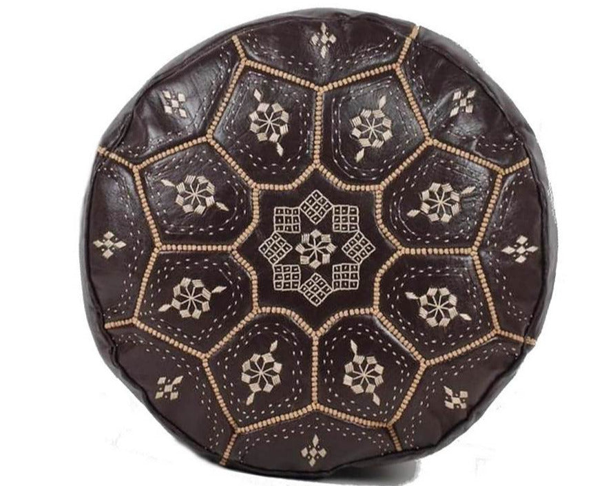 Moroccan Leather Tile Ottoman - Brown with Beige Embroidery | Round ...